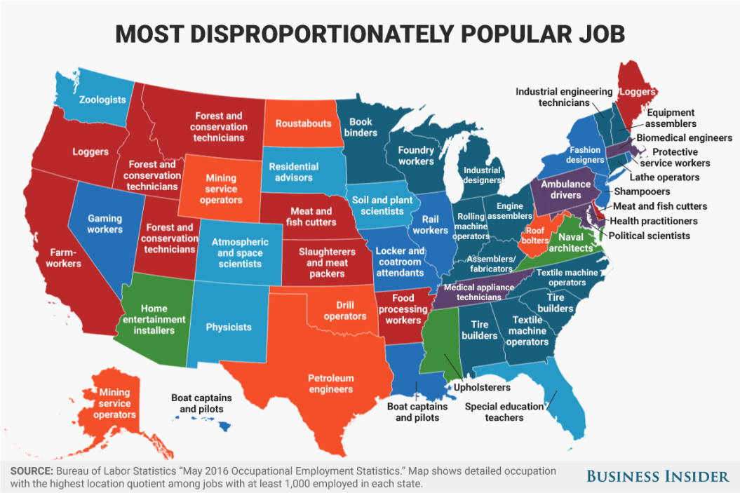 Map Shows the Most Disproportionately Popular Job in Each State