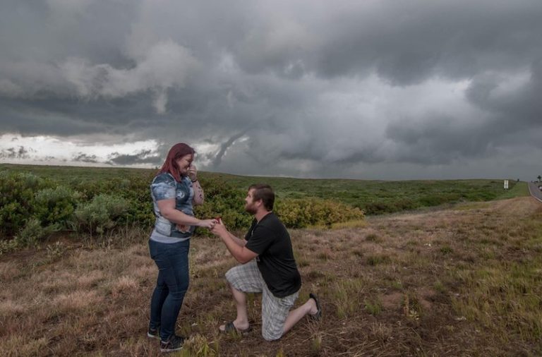 Tornado Swirls Behind Texas Couple in Dramatic Engagement Photos